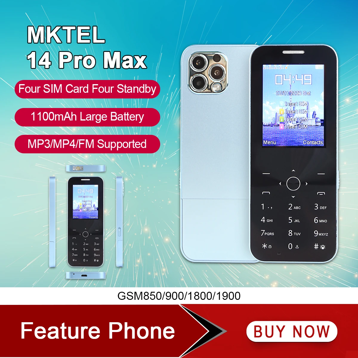 MKTEL 14 PRO MAX Característica Telefone Quatro Cartão Sim Standby 2.4 "Tela 1100mAh Bateria MP3 ...