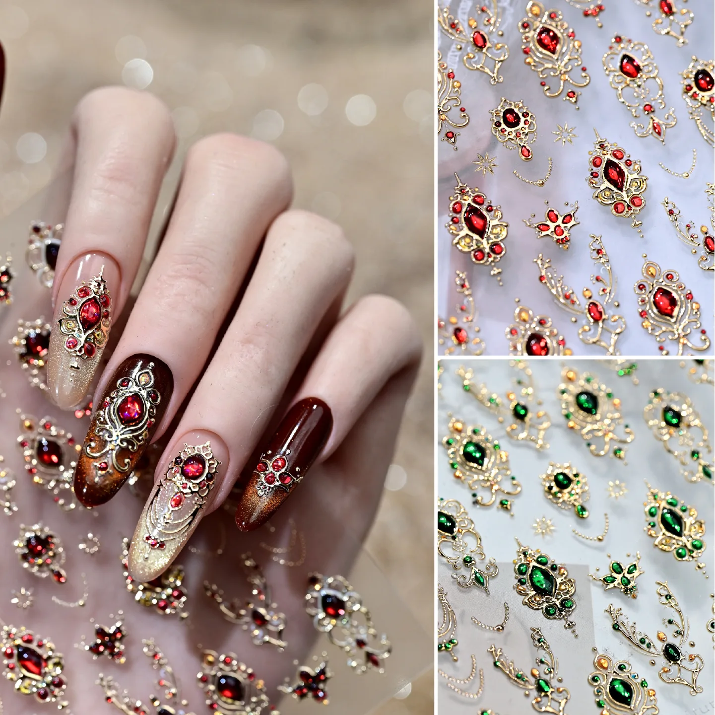 5D Luxurious Emerald Ruby Baroque Scepter Nail Stickers Shiny Palace ...