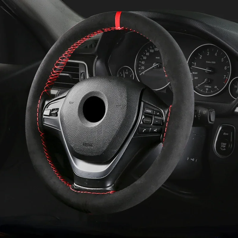Black-Suede-Red-Mark-Braid-On-Steering-Wheel-Car-Steering-Wheel-Cover ...