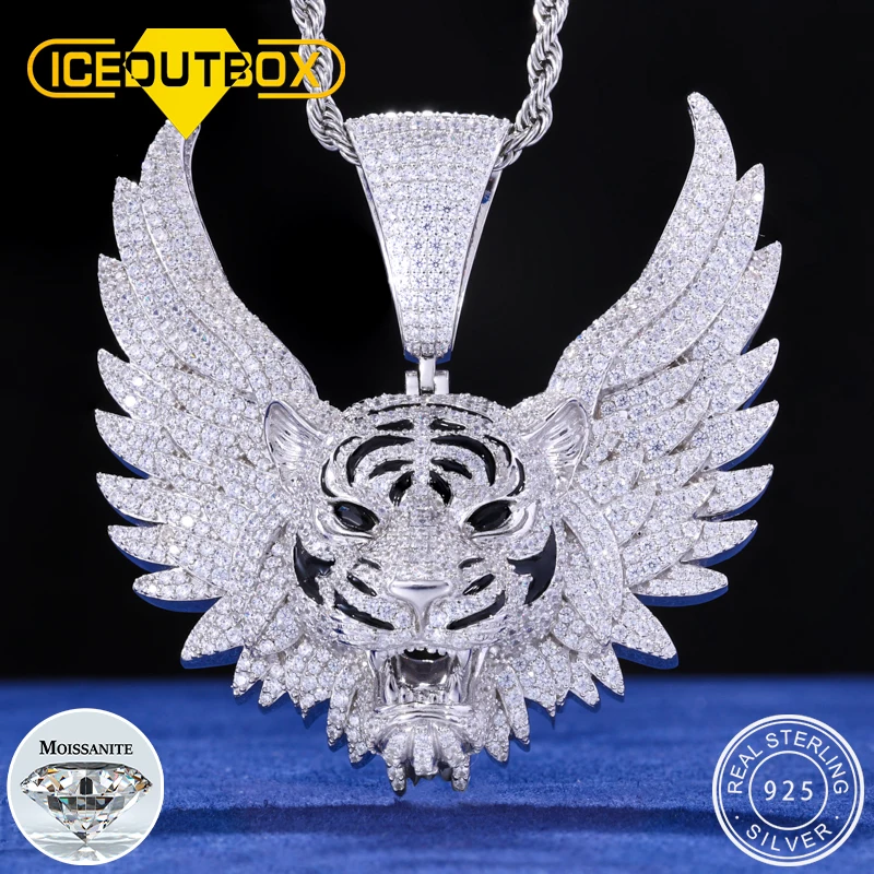 Iced Out Luxury Winged Tiger Head Pendant 925 Sterling Silver D Color ...