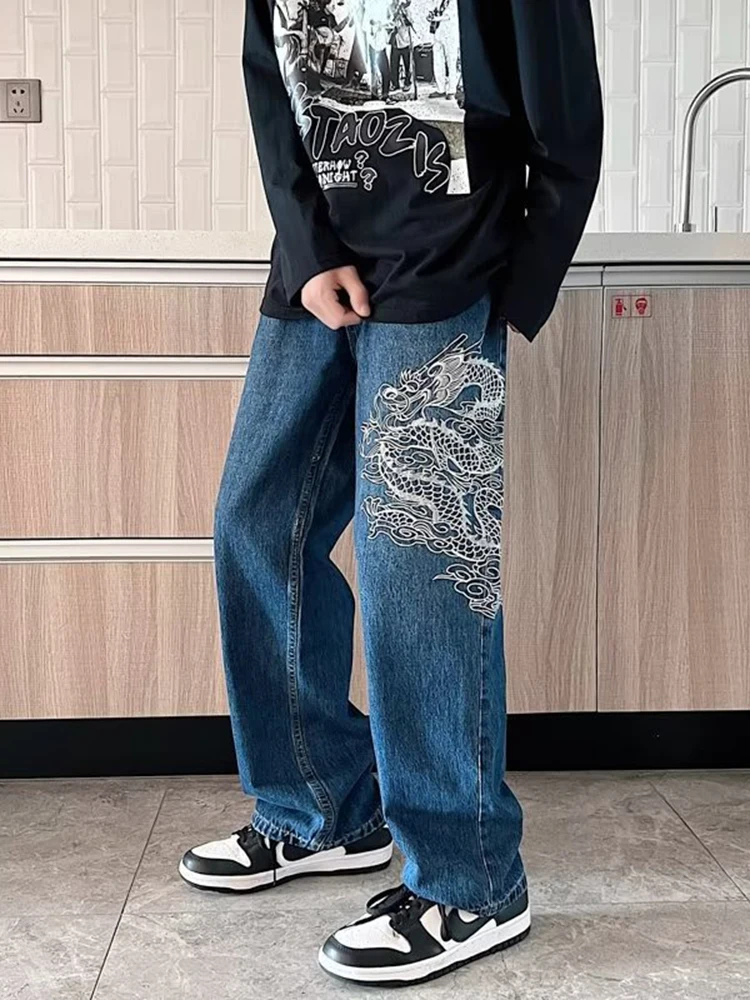 American-Streetwear-Chinese-Dragon-Embroidered-Straight-Loose-Pants-Y2k ...