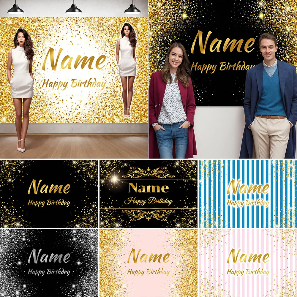 Custom-Name-Photo-Birthday-Backdrop-Banner-Black-Gold-Sign-for-Birthday ...