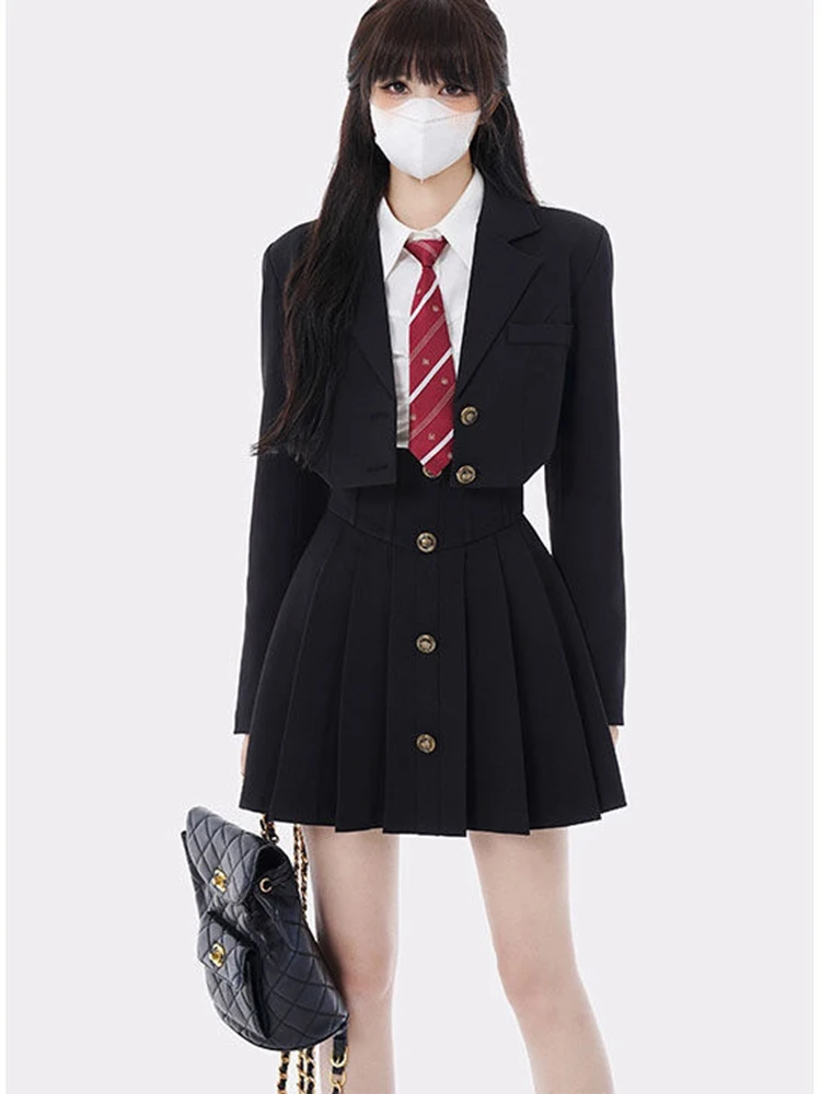 새로운 여름 소녀 3 피스 플리츠 스커트 정장 스트리트웨어 대학 하라주쿠 A 라인 스커트 재킷 블라우스 하이 웨이스트