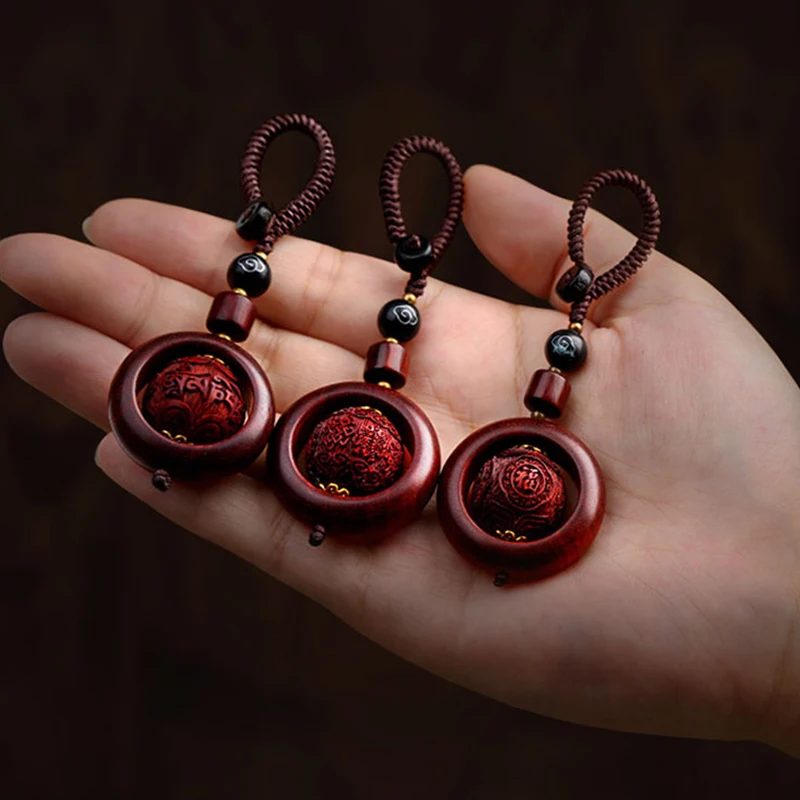 Sandalwood Keychain Rotatable Round Bead Key Chains Hand Woven Rope ...