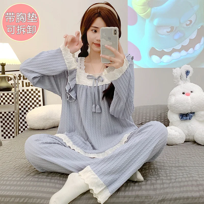 Women Princess Lace Solid Pajamas Suit Long Sleeved Two Pieces ...