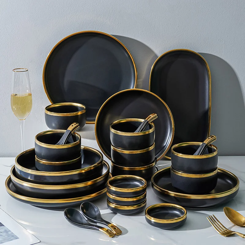 Luz pratos de luxo conjunto cerâmica casa fosco preto ouro borda pratos ...