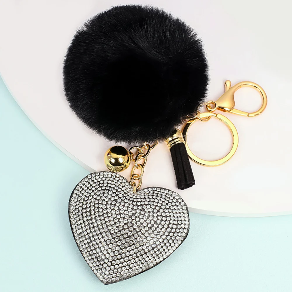 Love-Heart-Rhinestone-Keychain-With-Plush-Ball-Crystal-Pendant-Key-Ring ...