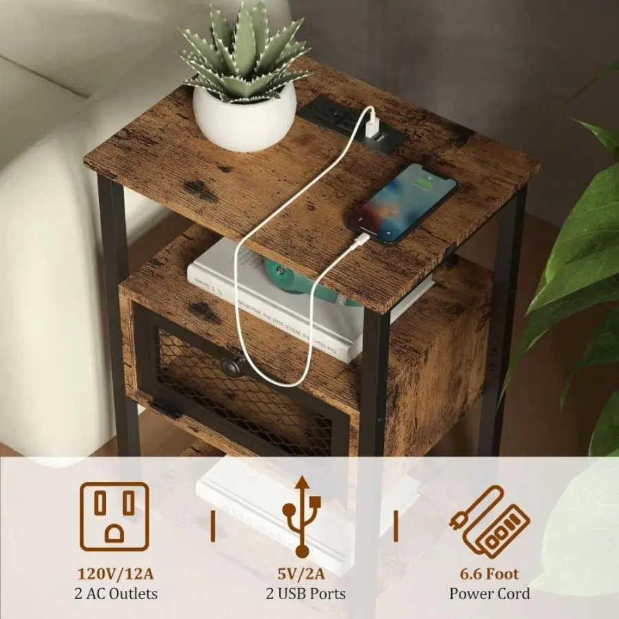 Side Tables with Charging Station and Drawer Set of 2 Night Stands with ...