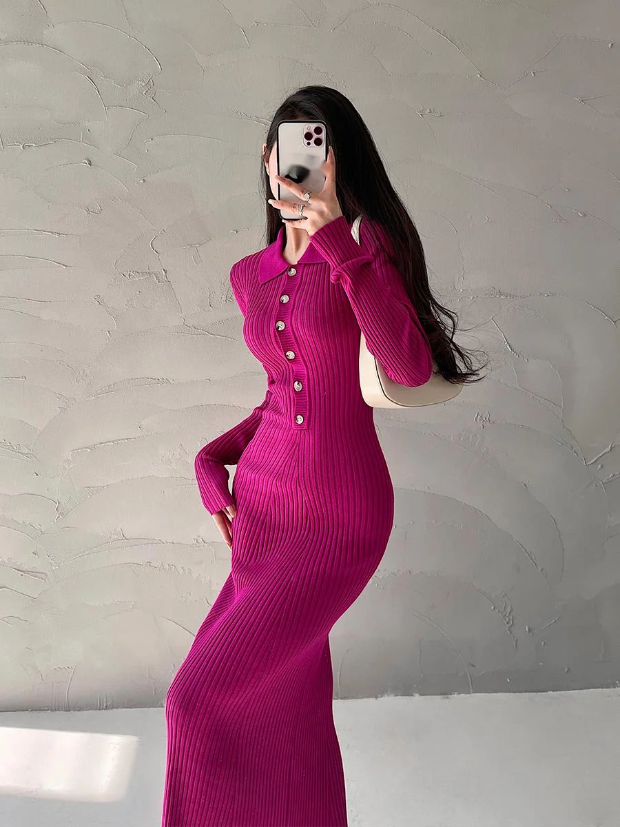 WOMENGAGA-Slim-Down-Thin-Lapel-Single-Breasted-Long-sleeve-Knitted-Fishtail-Dress-Long-Dresses ...