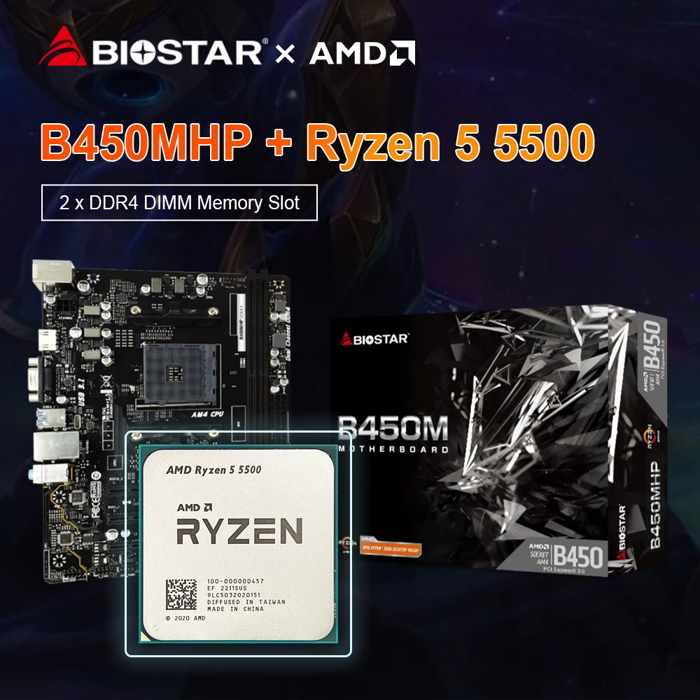 Biostar novo b450mhp b450m placa mãe am4 + amd ryzen 5 5500 r5 5500 processador central ddr4 ...