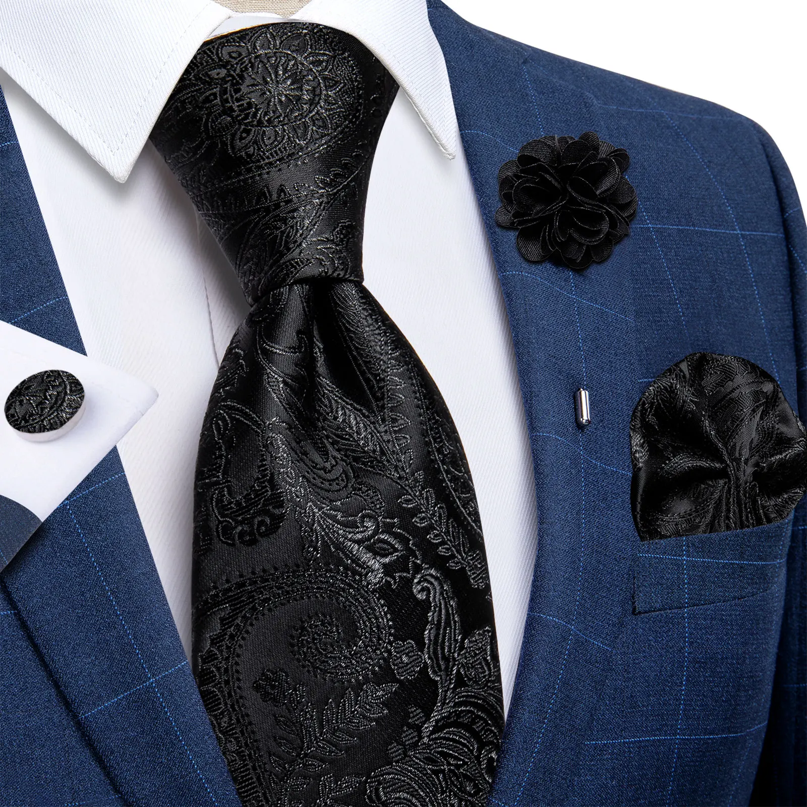 2022-New-Classic-Black-Solid-Paisley-Silk-Ties-For-Men-Handkerchief ...