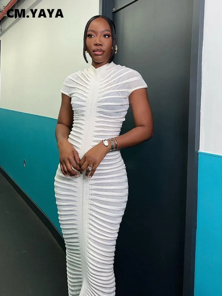 CM.YAYA Autumn Women Knit Ribbed See Though Short Sleeve Fish Bone Maxi Long Dress 2023 Party ...