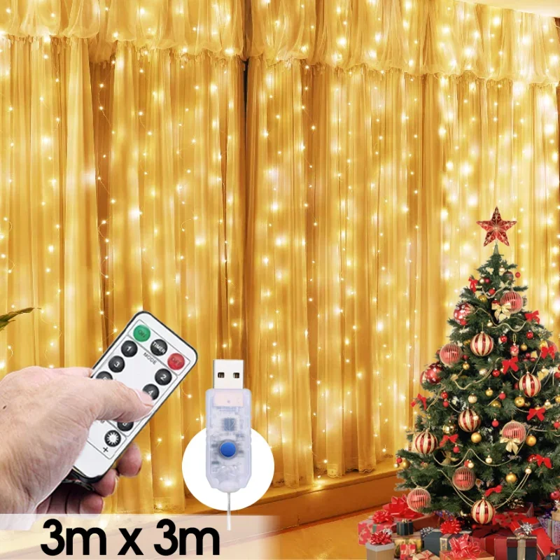 Curtain-LED-String-Lights-with-8-Mode-Remote-Control-Garland-Fairy ...