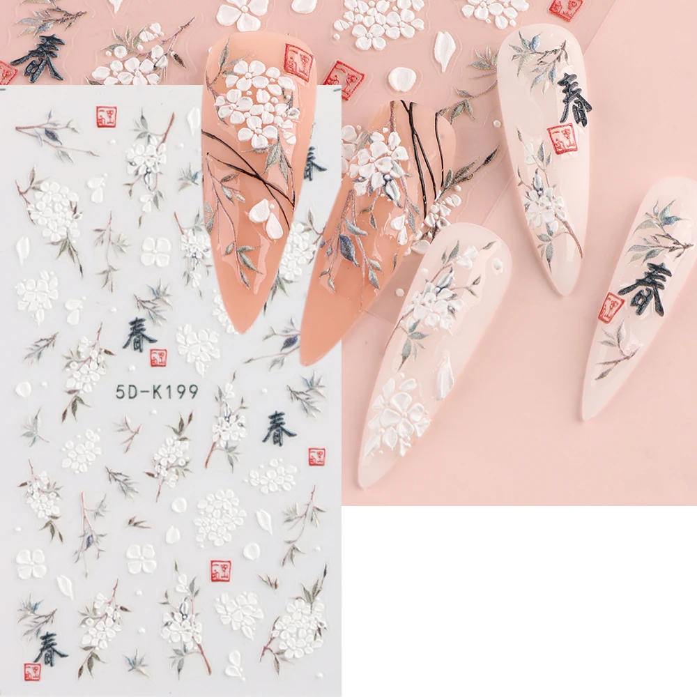 5D Kirsche Blossom Nagel Aufkleber Weiß Blumen Blatt Geprägte Sliders ...