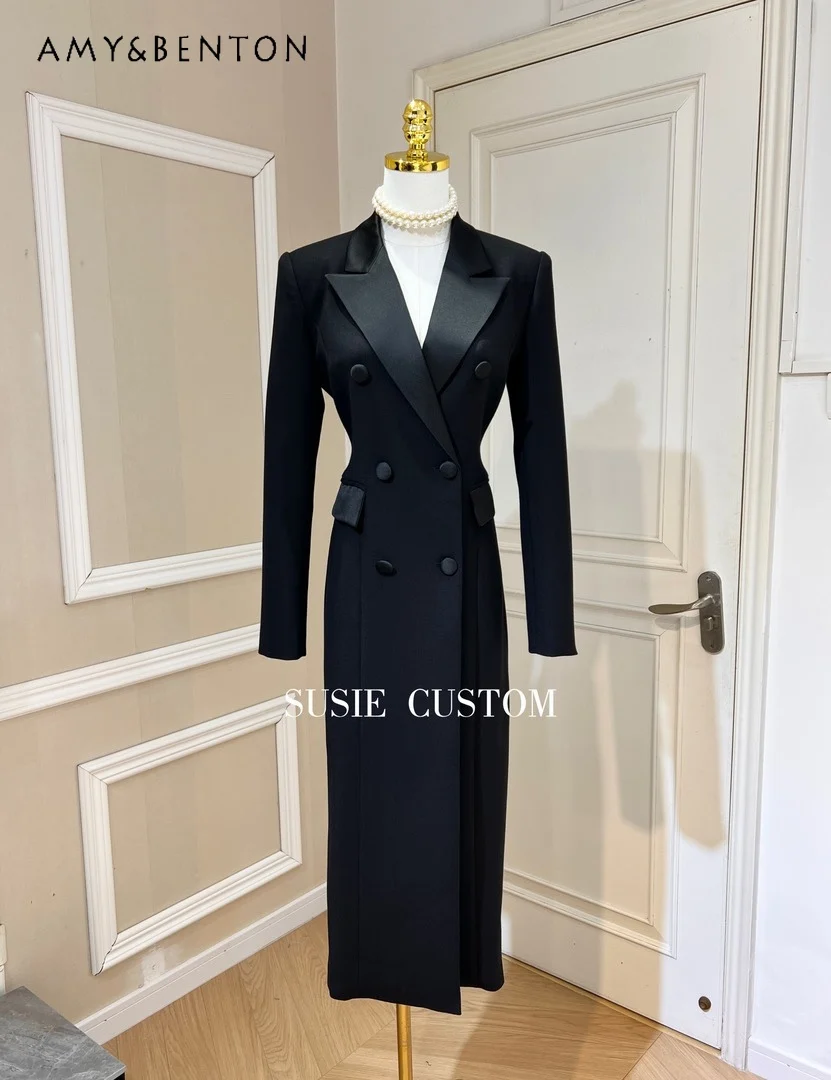High-End Satin Lapel Double Breasted Slim Mid-Length Suit Jackets for ...