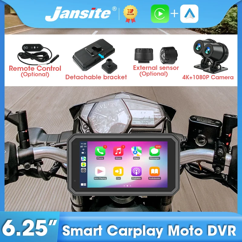 Jansite 6.25 インチ Moto DVR GPS オートバイナビゲーター 4K フロント + 1080P リアカムワイヤレス ...