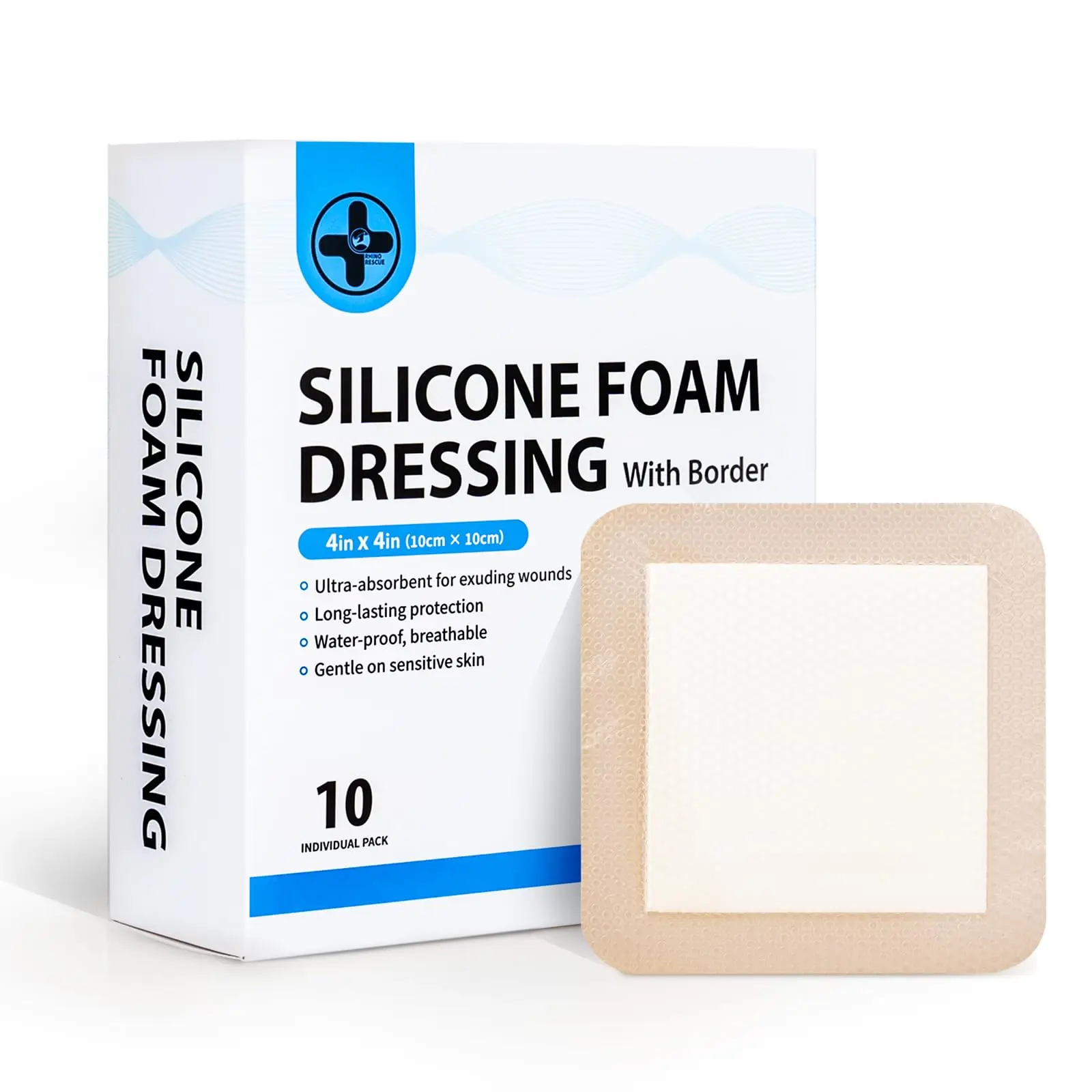RHINO-RESCUE-Silicone-Foam-Dressing-with-Border-4-x4-10-Pack-Waterproof ...