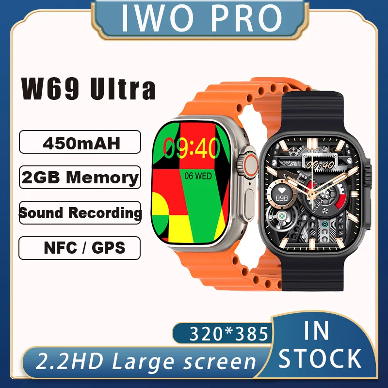 W69 Ultra Series 9 Relógio Inteligente para Homens, NFC, Bússola GPS, Temperatura, 2GB ROM, Jogo ...