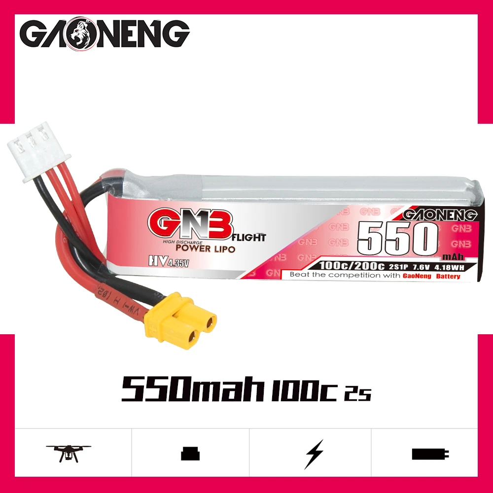 GAONENG GNB 550mAh HV 2S 100C 200C 7.6V XT30 LiPo Battery Tinyhawk II ...