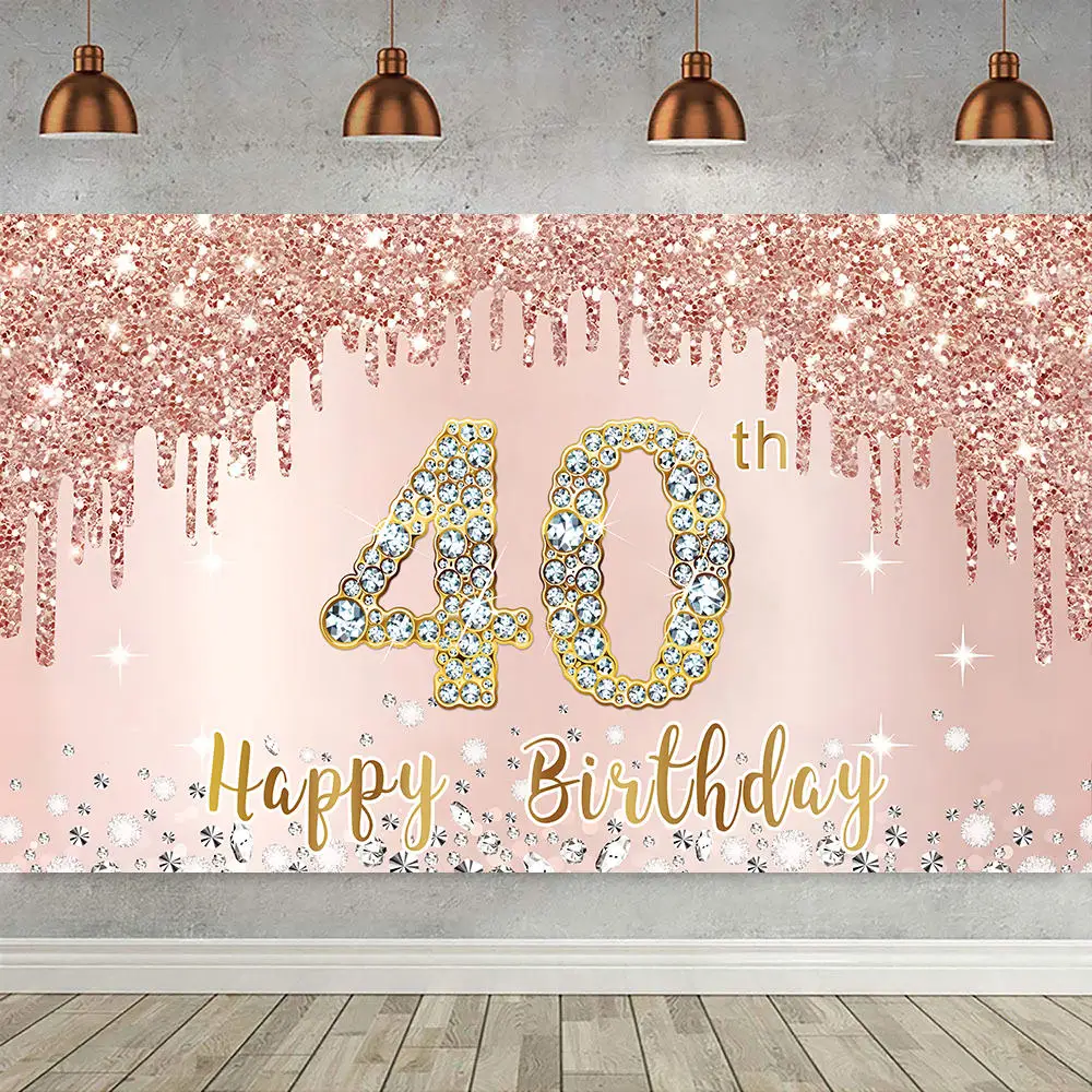 Happy-40th-Birthday-Party-Decor-Backdrop-Banner-40-Years-Old-Pink-Rose ...