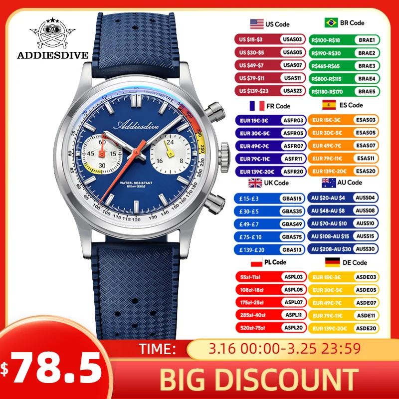 ADDIESDIVE 38mm Chronograph Watch New Luxury Domed Glass BGW9 Luminous ...