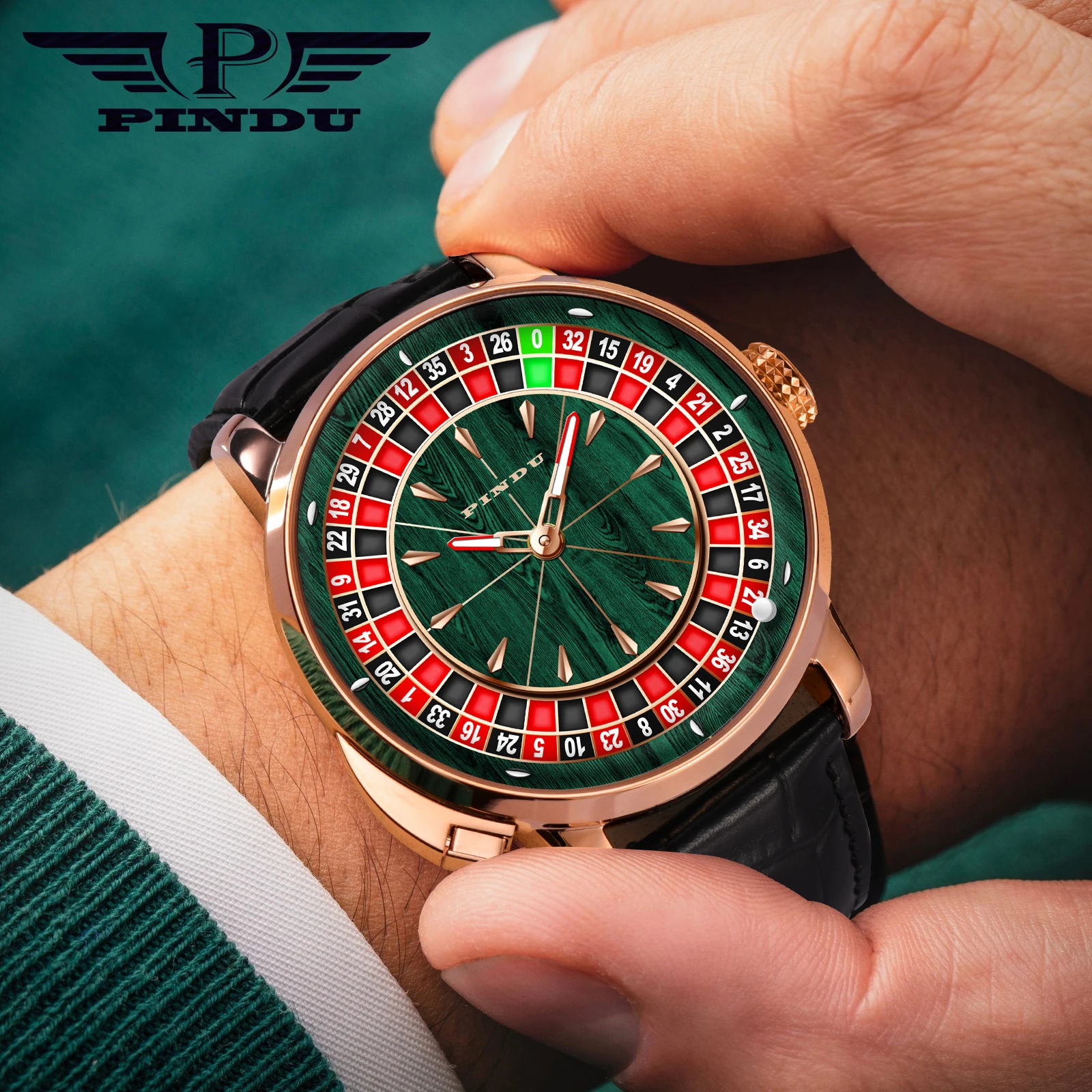 PINDU Design NEW Button Rotating wood grain dial Mechanical Watch Men ...