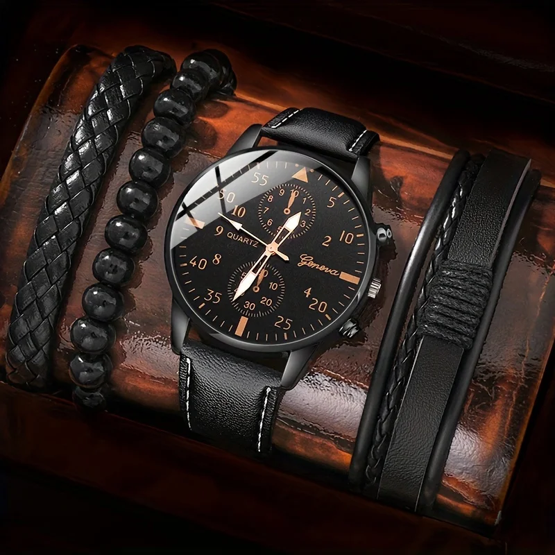 4pcs-set-Men-s-Watch-Retro-Fashion-Quartz-Watch-Analog-PU-Leather-Wrist ...