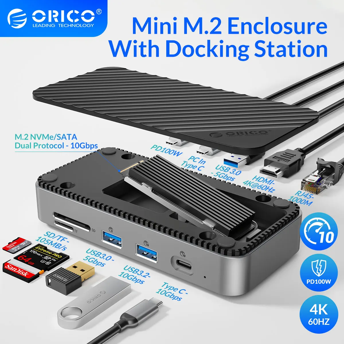 ORICO-USB C HUB Docking Station, M.2 NVMe SATA SSD Enclosure, Externo 10Gbps, 4K, 60Hz, HDMI-Com ...