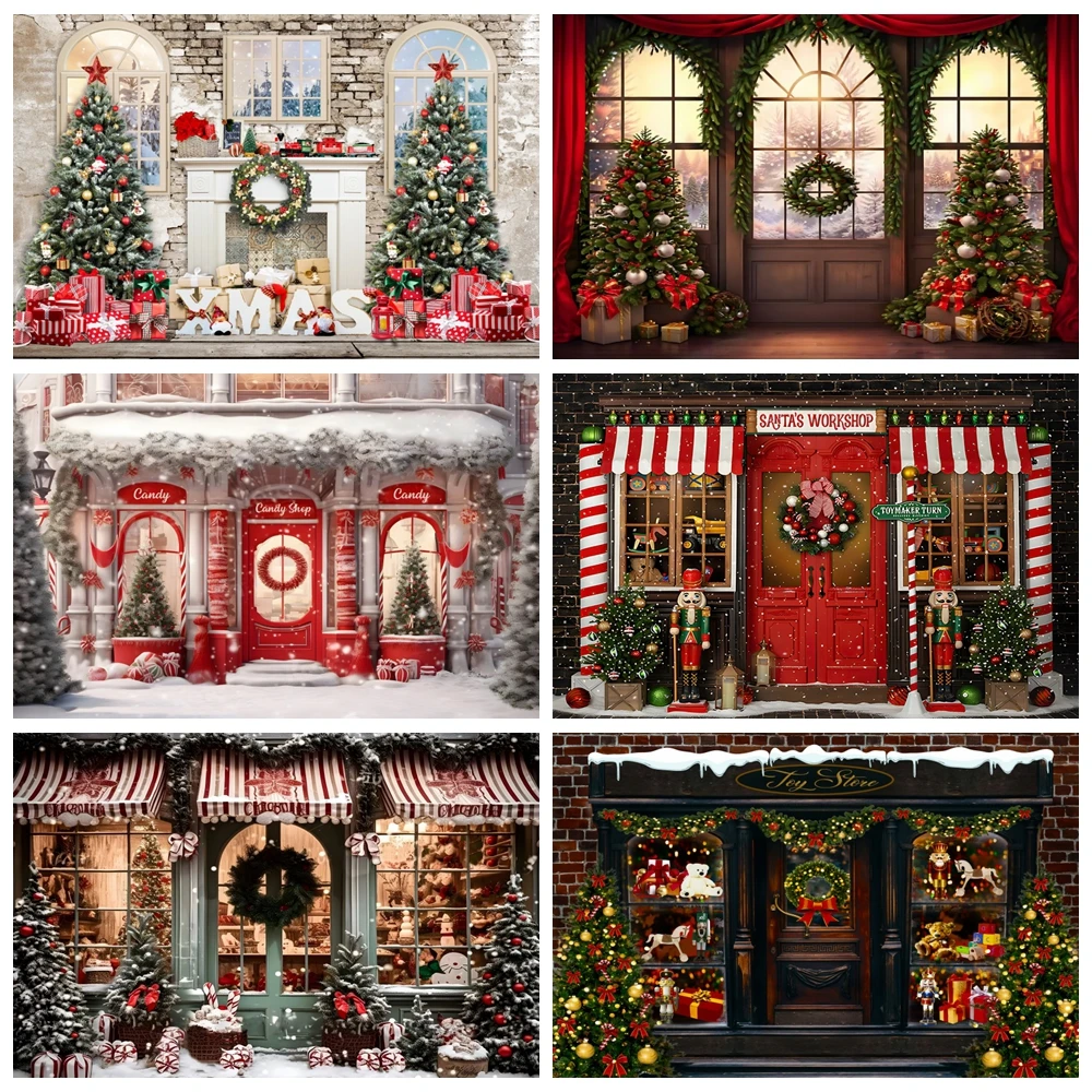 Red-Christmas-Candy-Gift-Shop-Backdrop-Xmas-Tree-Wreath-Snow-Kids ...