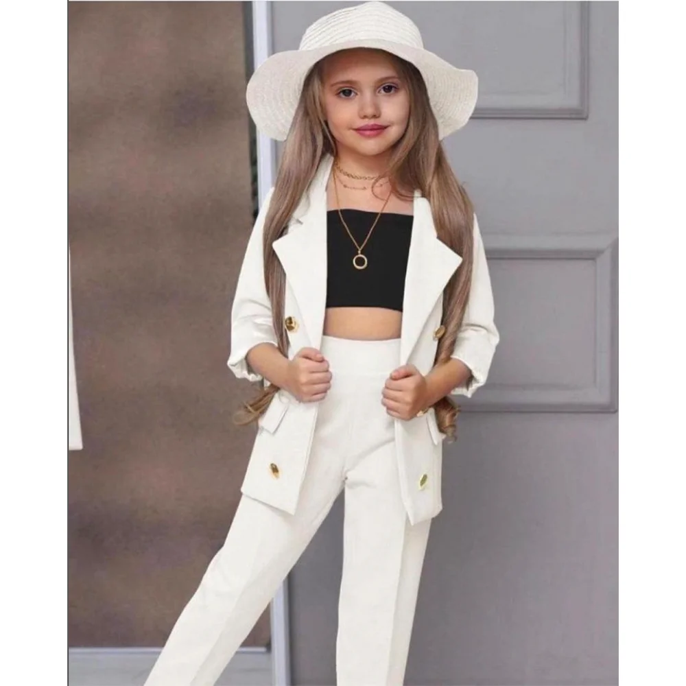 Elegant Solid Suit for Girls Fashion Notch Lapel Double Breasted Child ...
