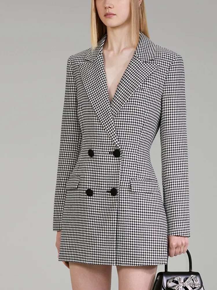 Women-Notched-Houndstooth-Suit-Mini-Dress-Double-Breasted-Fashion ...