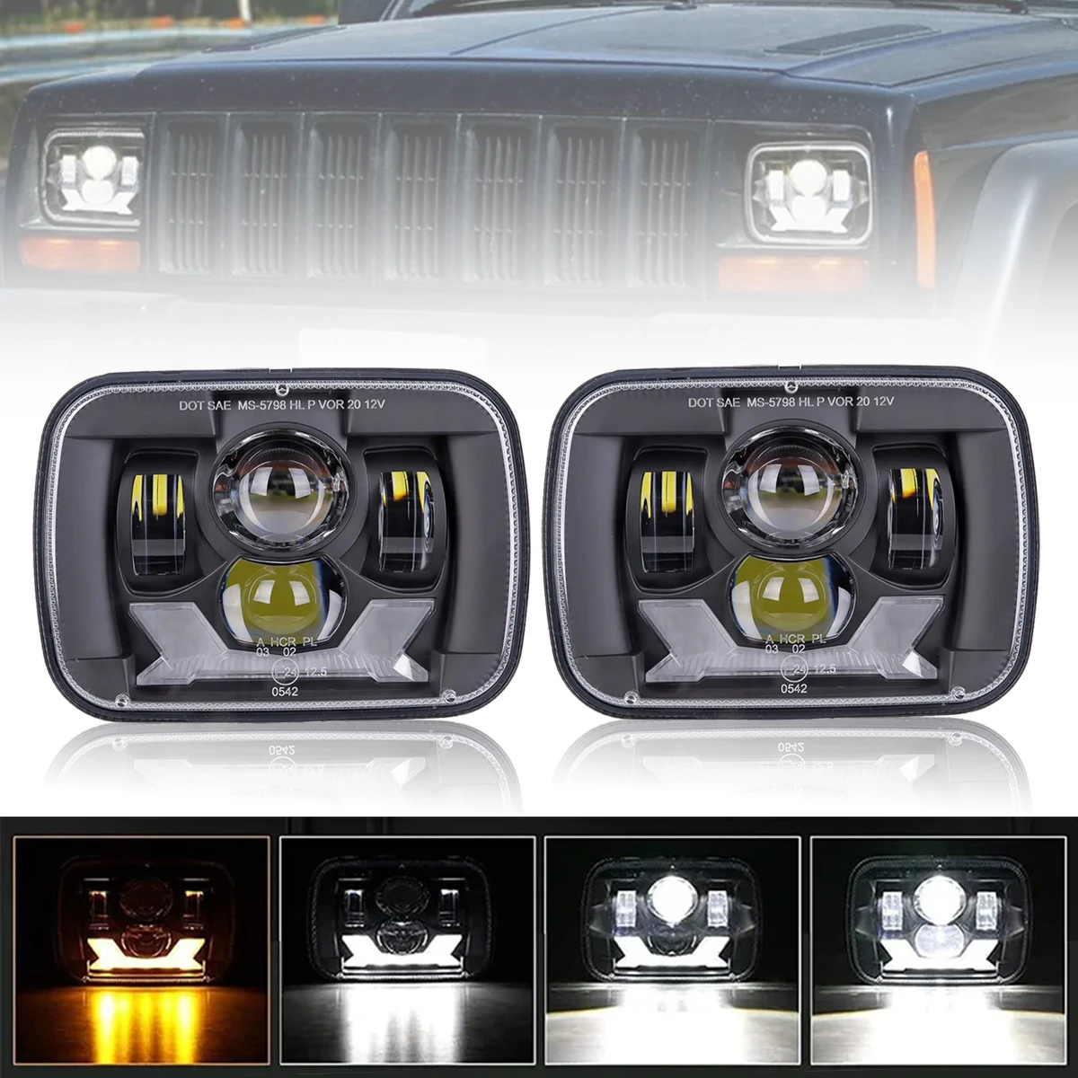 7x6-5x7-H4-Led-Headlights-H6054-H5054-6052-6053-White-Amber-Halo-For ...