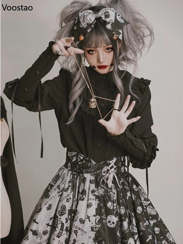 Gothic Y2k Shirts Women Vintage Lolita Style Gigot Sleeve Blouses Girls Victorian Sweet Lace ...