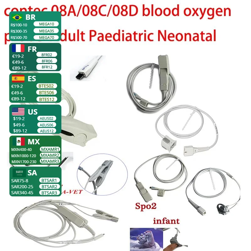 Adulto-pedi-trico-neonatal-veterin-rio-10-pinos-usb-spo2-sonda-sensor ...