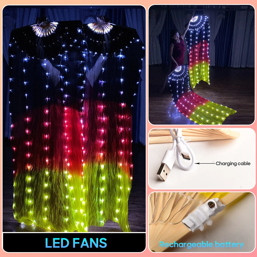 Rechargeable LED Fans with Real Silk Veil for Belly Dance 180cm One ...