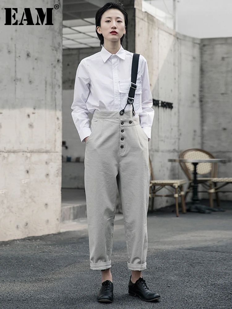 [EAM] High Waist Gray Button Split Joint Leisure Trousers Overalls New ...