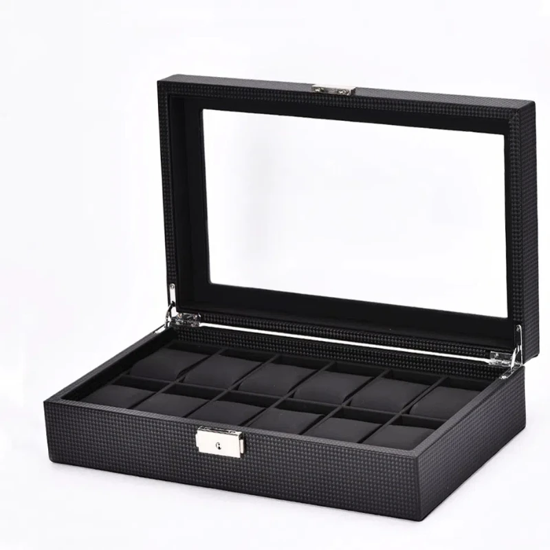 Black Wood Watch Box Organizer Jewelry Storage Case Transparent Watch ...