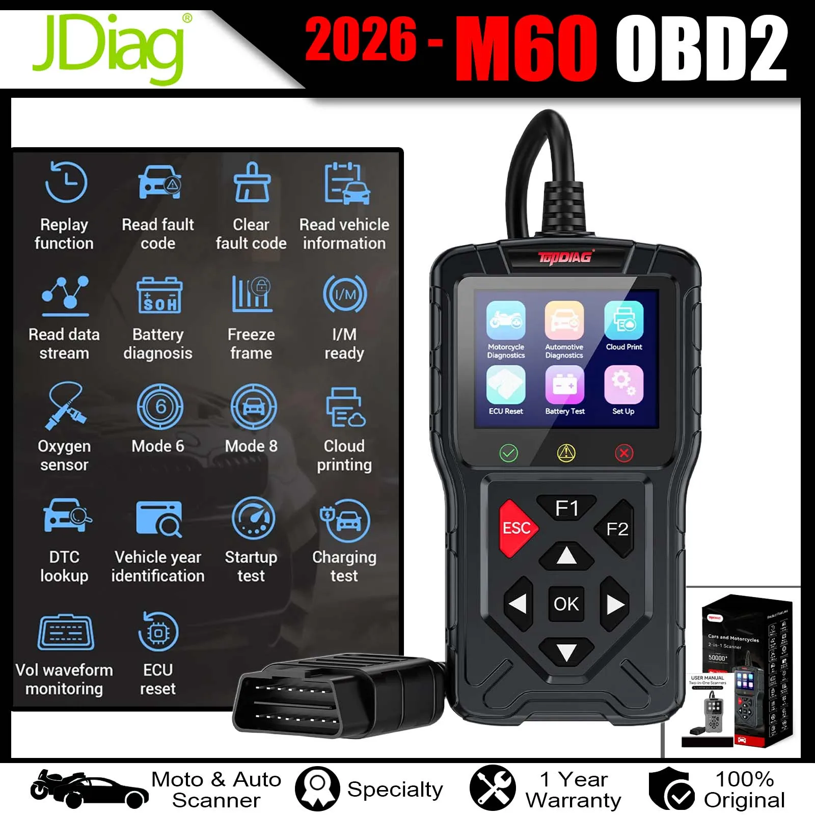 Topdiag M60 OBD2 Scanner Motorcycle Vehicle ECU Reset Fault Code Reader ...