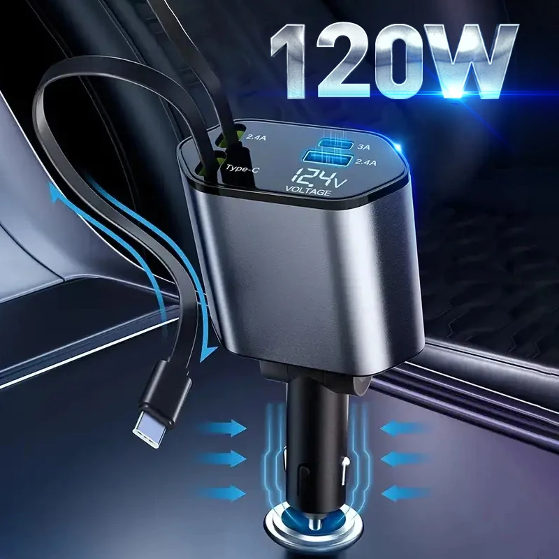 Retractable-Car-Charger-4-in-1-Fast-Charging-100W-USB-Type-C-Car-Phone ...