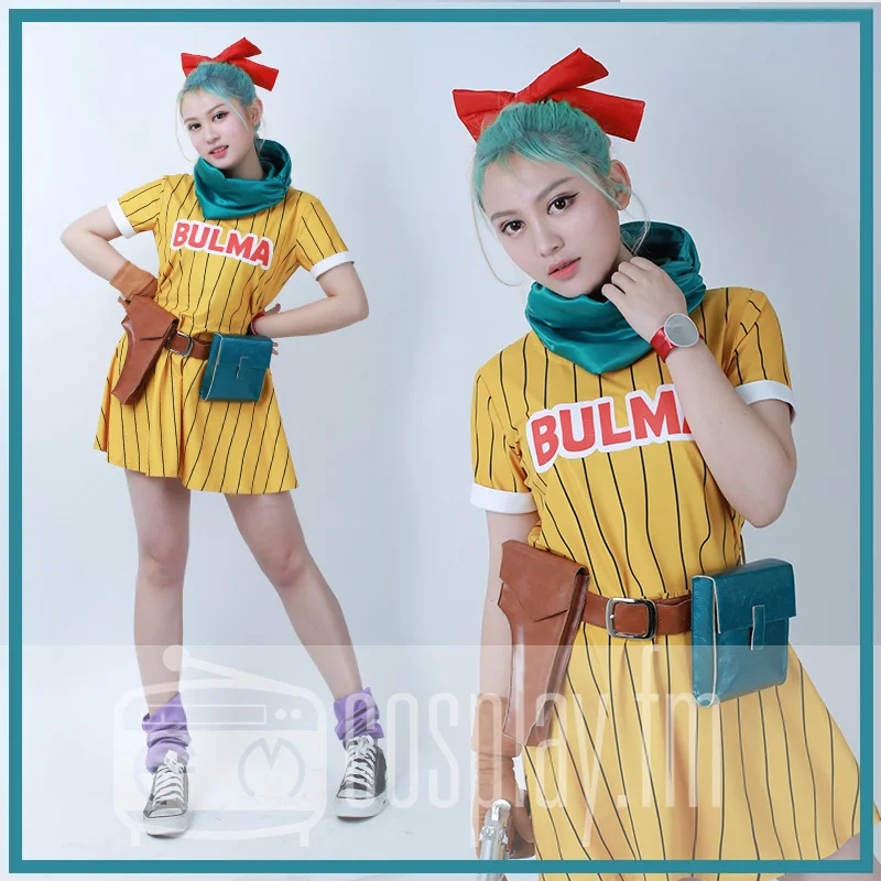 Bulma Cosplay Kostüm Gelb Kleid mit Schal und Gürtel| | - AliExpress