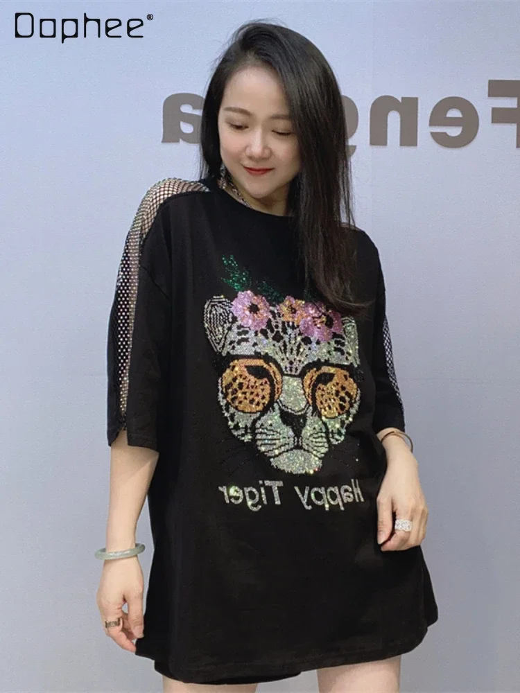 Fashion-Cartoon-Rhinestone-3D-Tiger-Head-Pattern-Black-T-shirt-Spring ...
