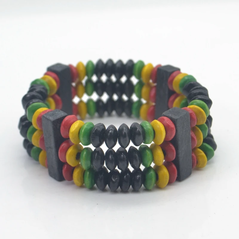 Red-Yellow-Green-Black-Wooden-Beads-Bracelet-Rasta-Reggae-Punk-Hiphop ...