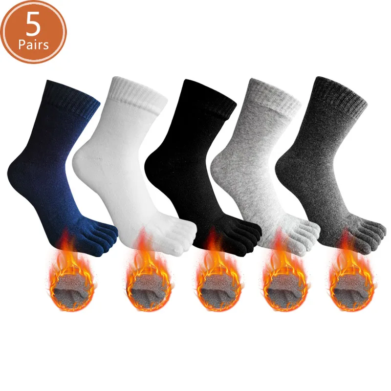 1/5 Pairs Winter Terry Five Fingers Socks Man Thick Keep Warm Cotton ...