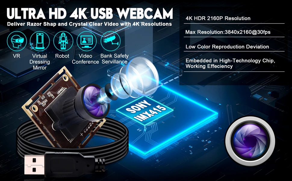 ELP Wide Angle No Distortion USB Camera Module 4K 3840×2160 CMOS IMX415 ...