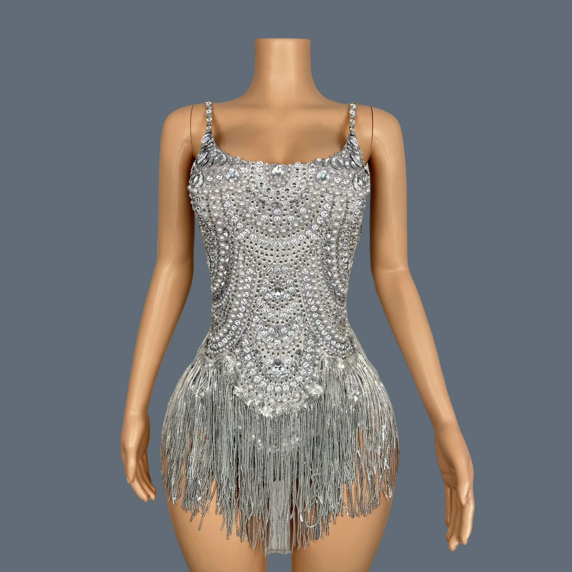 Sparkly Rhinestones Tassel Bodysuit for Sexy Women Sleeveless Fancy ...