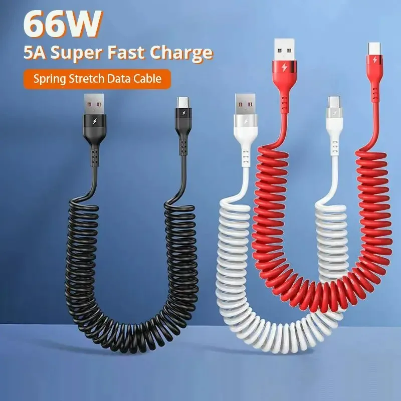 USB Type C Super Fast Charging Cable Car Spring Telescopic Phones ...