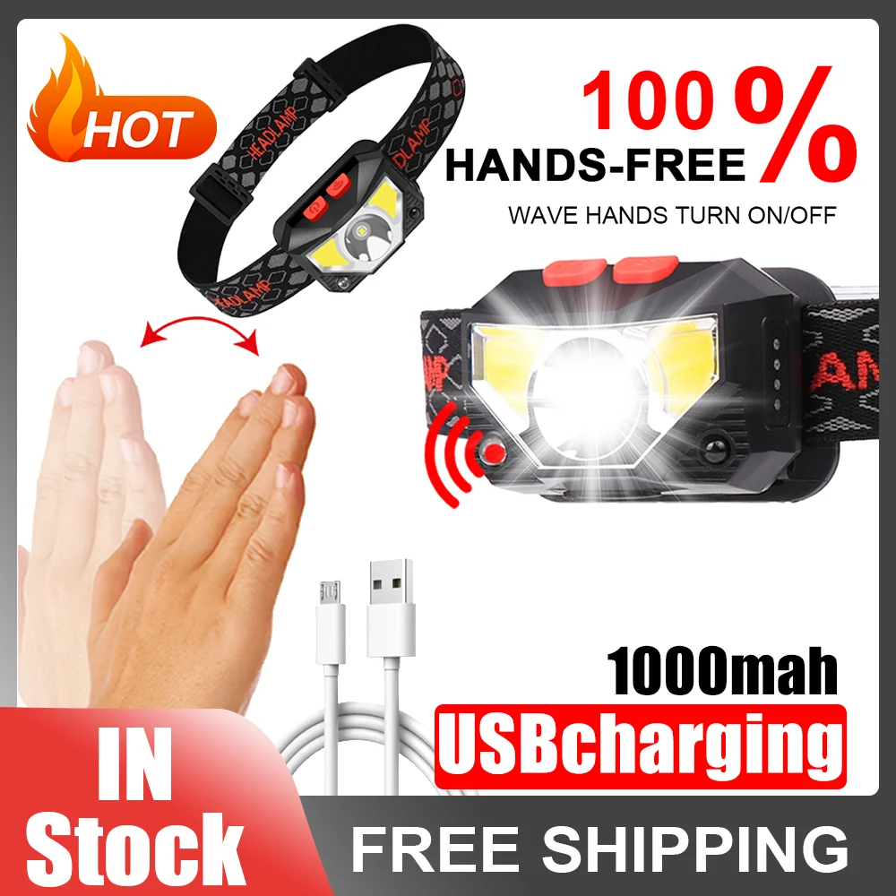 10W LED Headlamp Flashlight Sensor Rechargeable USB Headlamp Head Torch ...