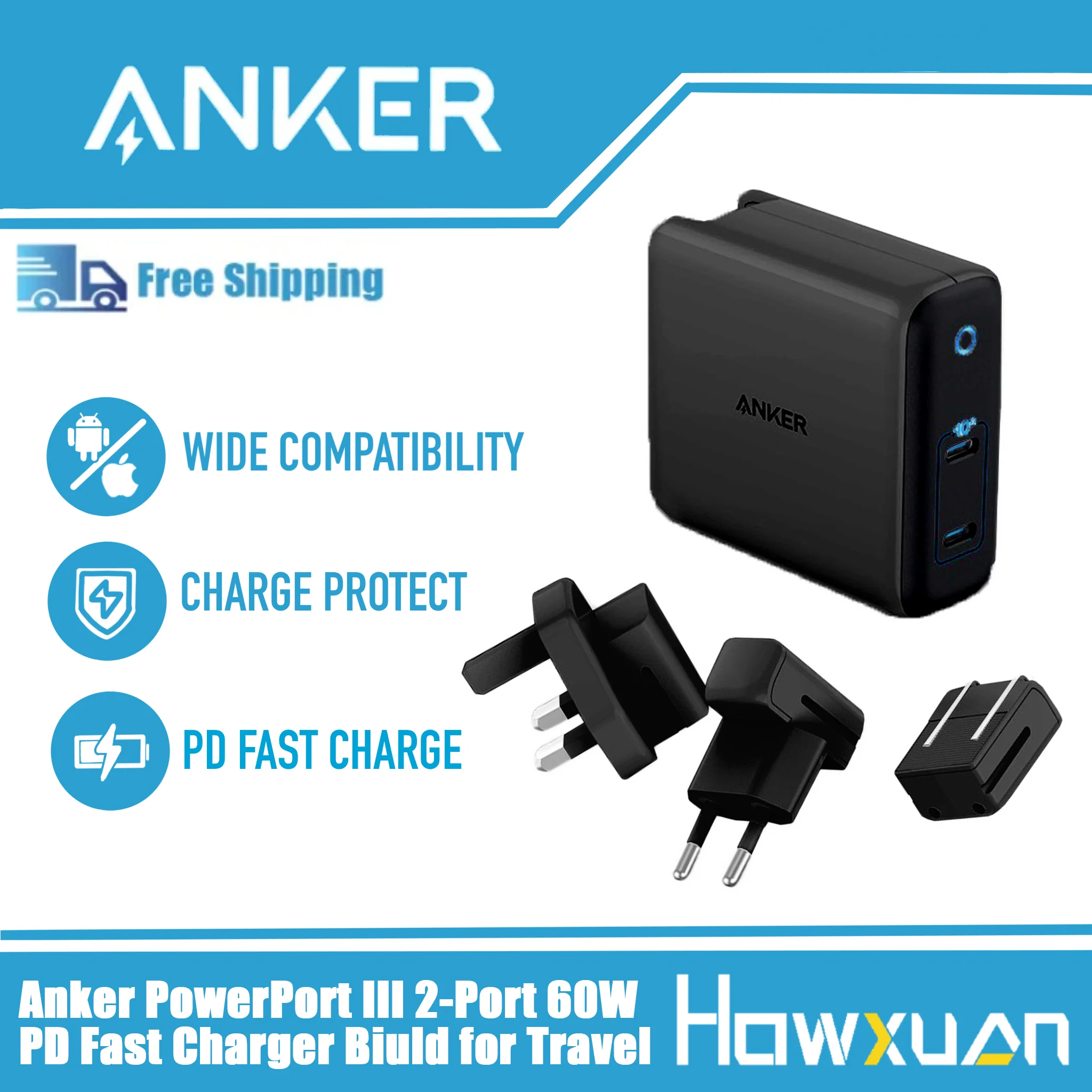 Anker PowerPort Atom III Duo【여행용 빅 파워 빌드 (BIG POWER BUILT) 여행용 충전기, 전세계 ...