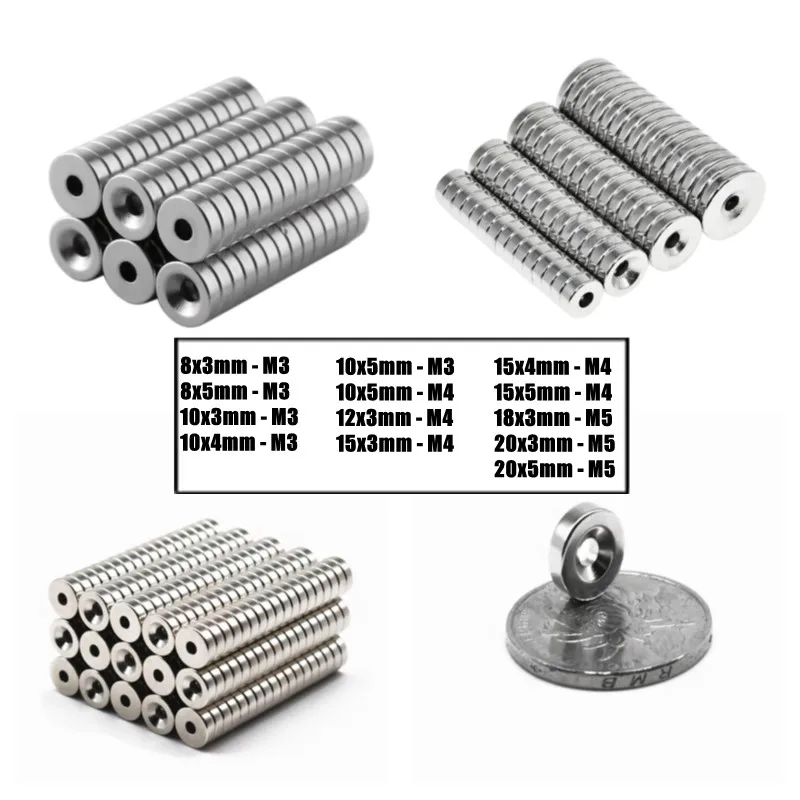 10PCS Strong Neodymium Magnets with Hole Dia 8mm-20mm With M3 M4 M5 ...