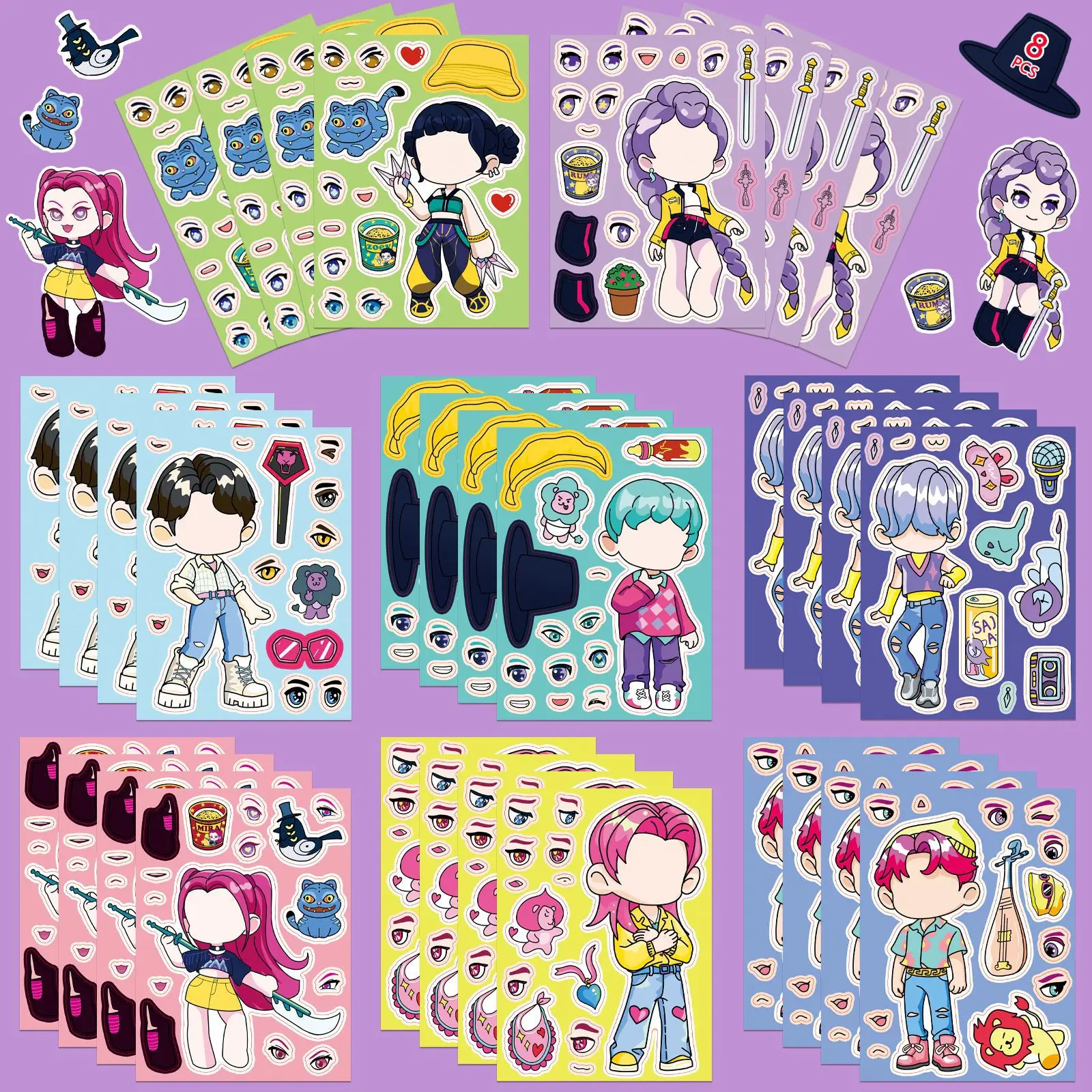 8PCS/PACK Cartoon KPOP Puzzle Stickers, Anime Make a Face Decals for ...